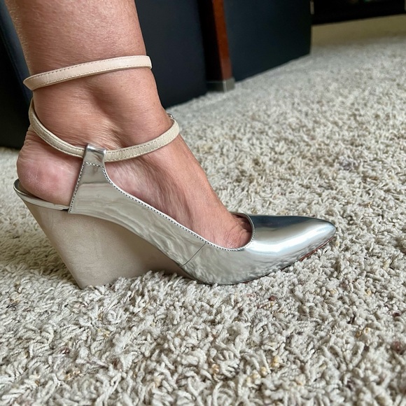 Coach | Shoes | Coach Silver Wedge Heel With Tan Strap Wedge Heel Is ...